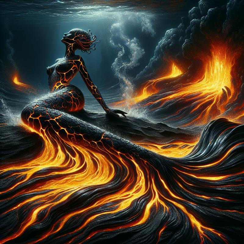 Genana - Volcanic mermaid rising from black sand ocean floor. Her tail ...